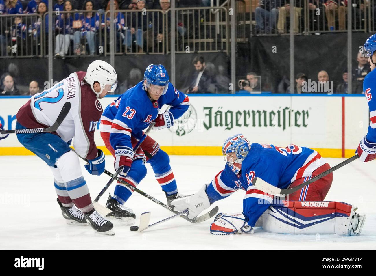 New York Rangers goaltender Jonathan Quick (32) and defenseman Adam Fox ...