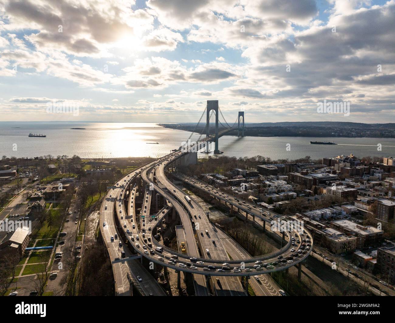 Aerial view of the Verrazzano Narrows Bridge in New York from Brooklyn ...