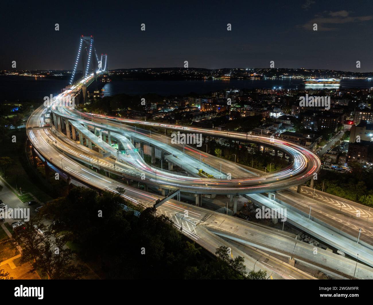 Aerial view of the Verrazzano Narrows Bridge in New York from Brooklyn ...