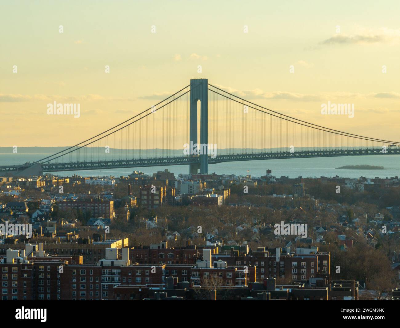 Aerial view of the Verrazzano Narrows Bridge in New York from Brooklyn ...