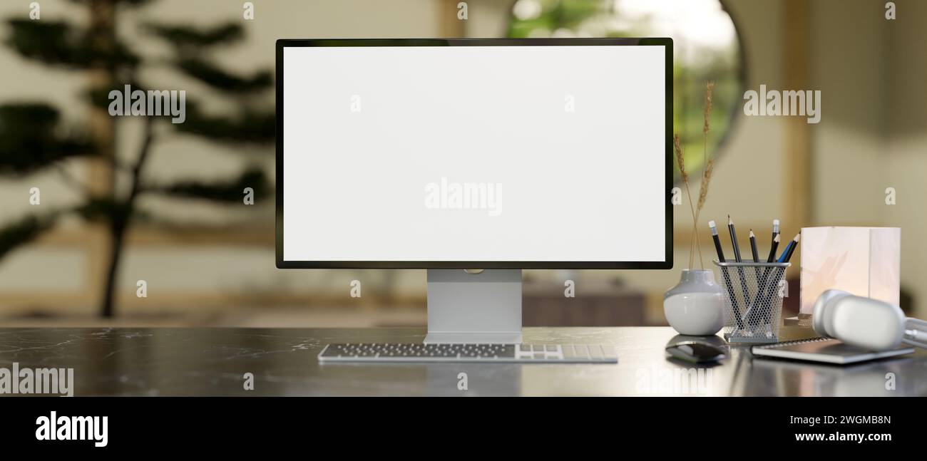 A modern Zen Japanese home office features a white-screen computer ...