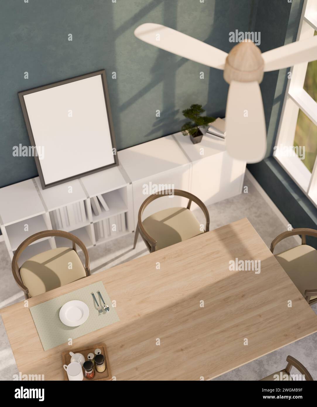 Top view of a modern minimal home dining room with a minimal wooden ...