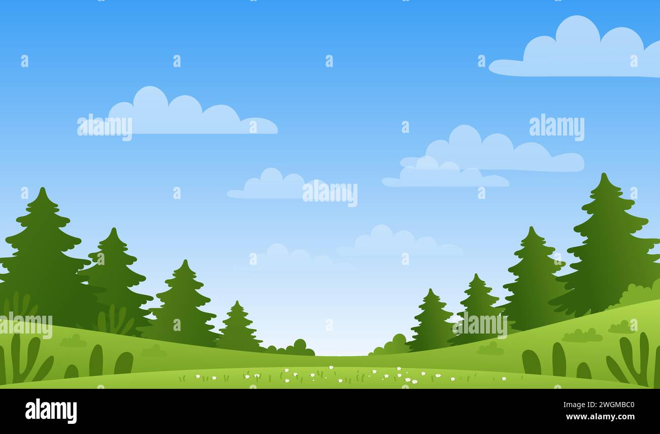 Spring meadow with green grass and wildflowers. Poster with summer ...