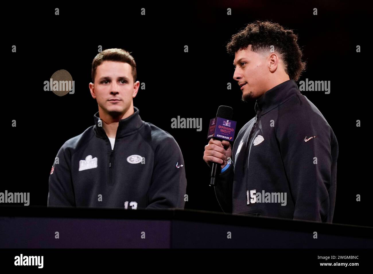 Kansas City Chiefs quarterback Patrick Mahomes speaks to the media as ...