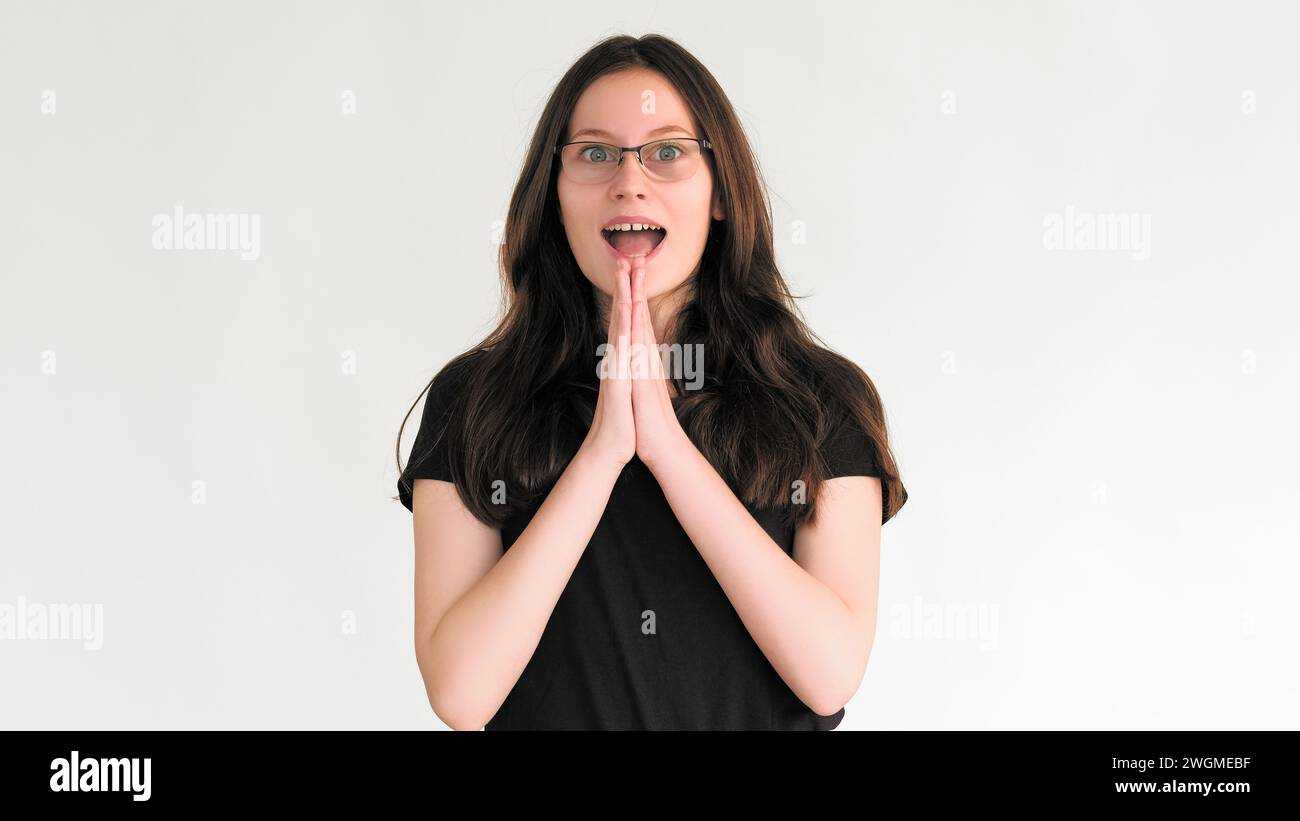 Wow surprise astonished face amazed excited woman Stock Photo - Alamy