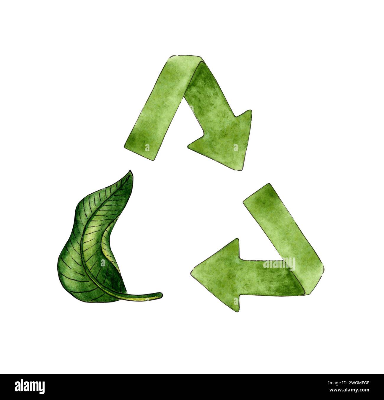 Watercolor illustration of a green recycling sign with a leaf instead ...