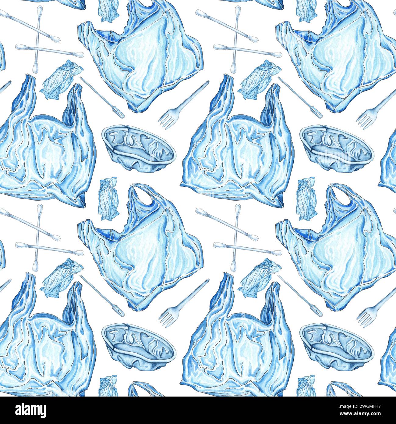 Watercolor illustration pattern of plastic waste pollution. Plastic ...