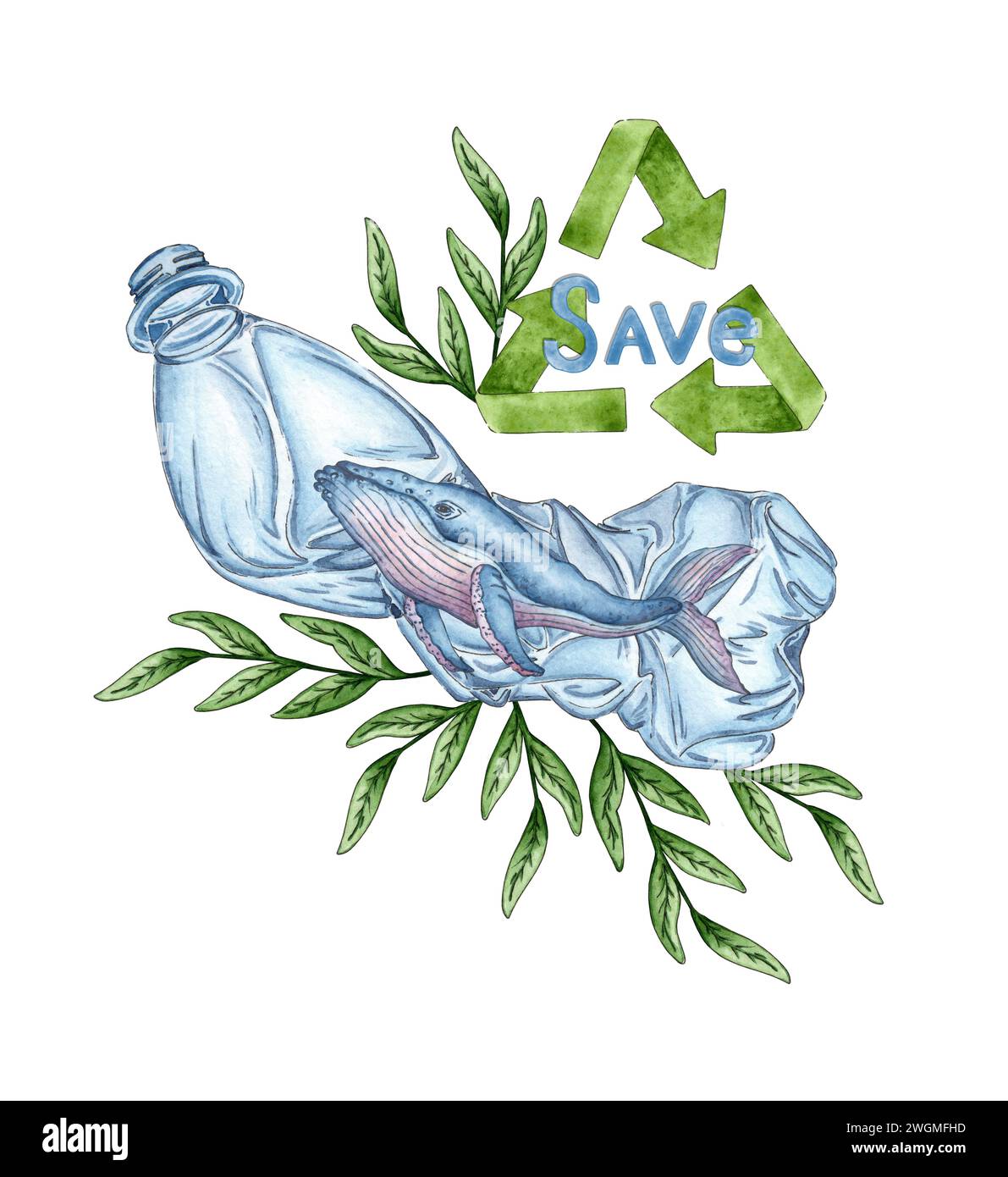 Watercolor illustration of a whale in a plastic bottle with seaweed ...