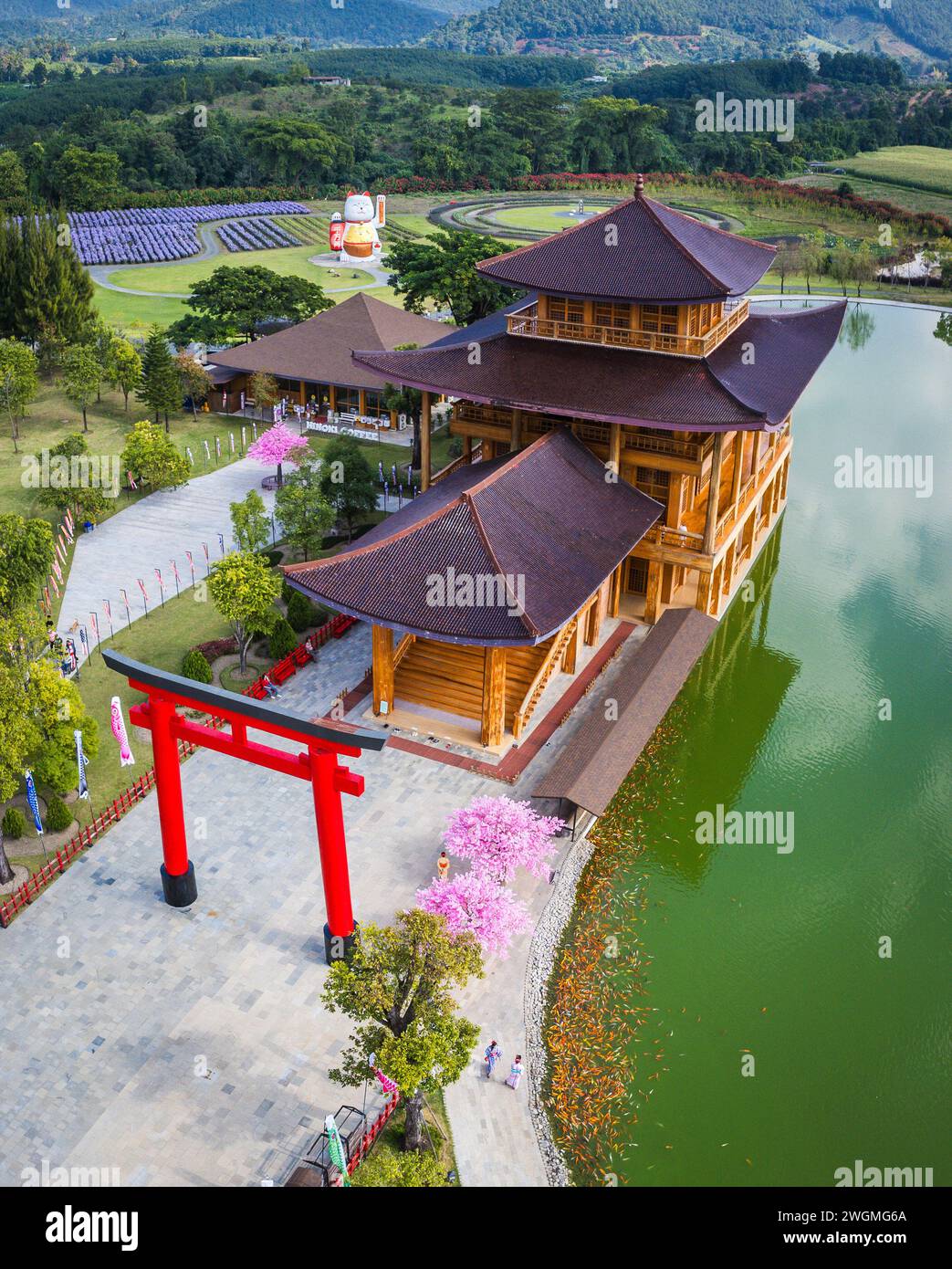 Aerial views of Japanese theme park Hinoki Land in Chai Prakan District ...