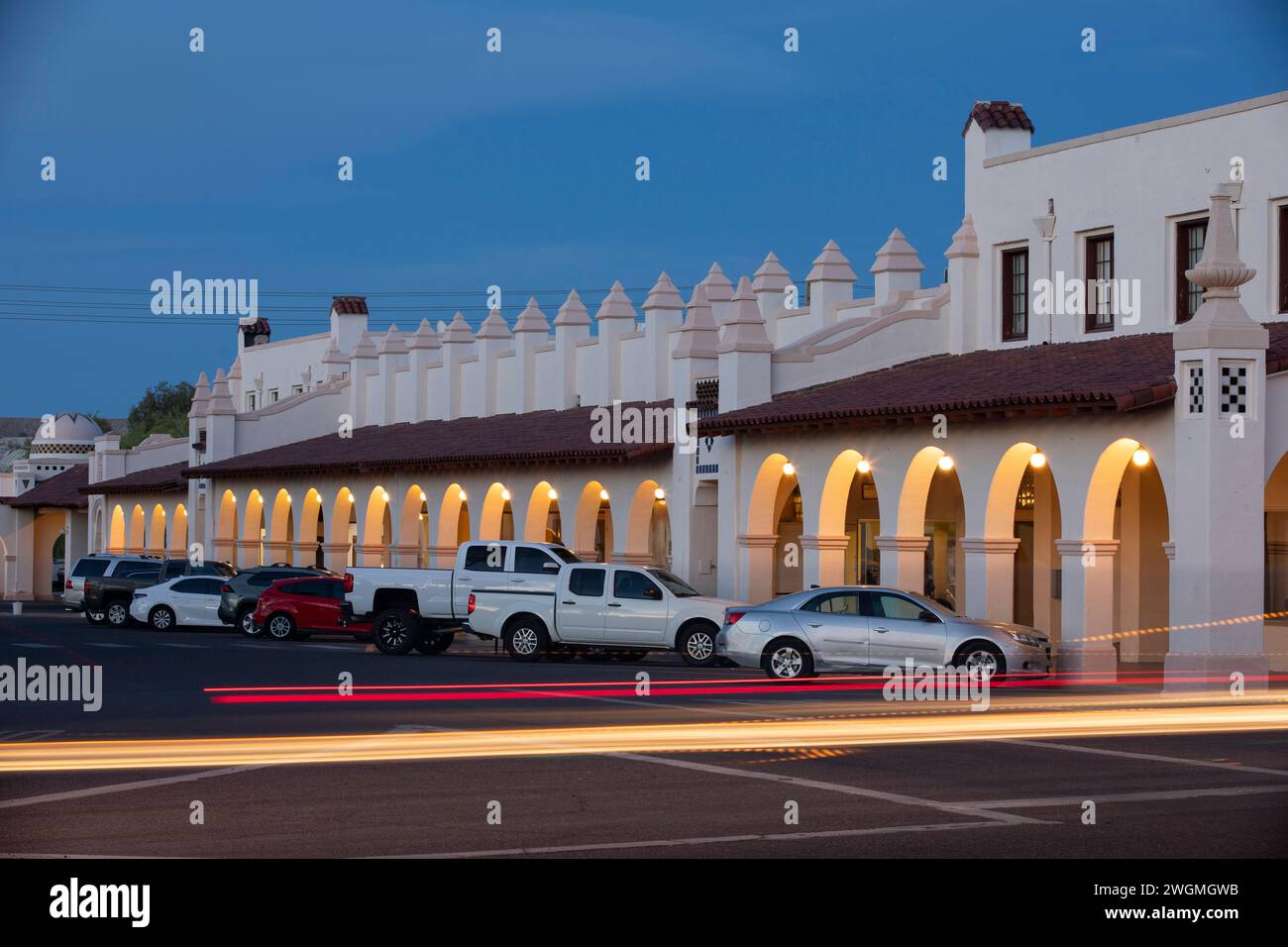 Twilight view of historic structures in downtown Ajo, Arizona, USA ...