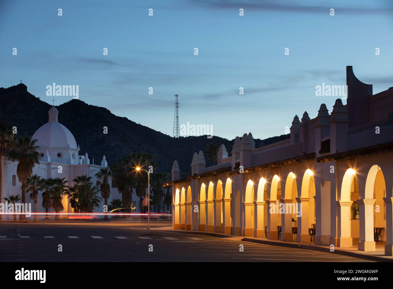 Twilight view of historic structures in downtown Ajo, Arizona, USA ...