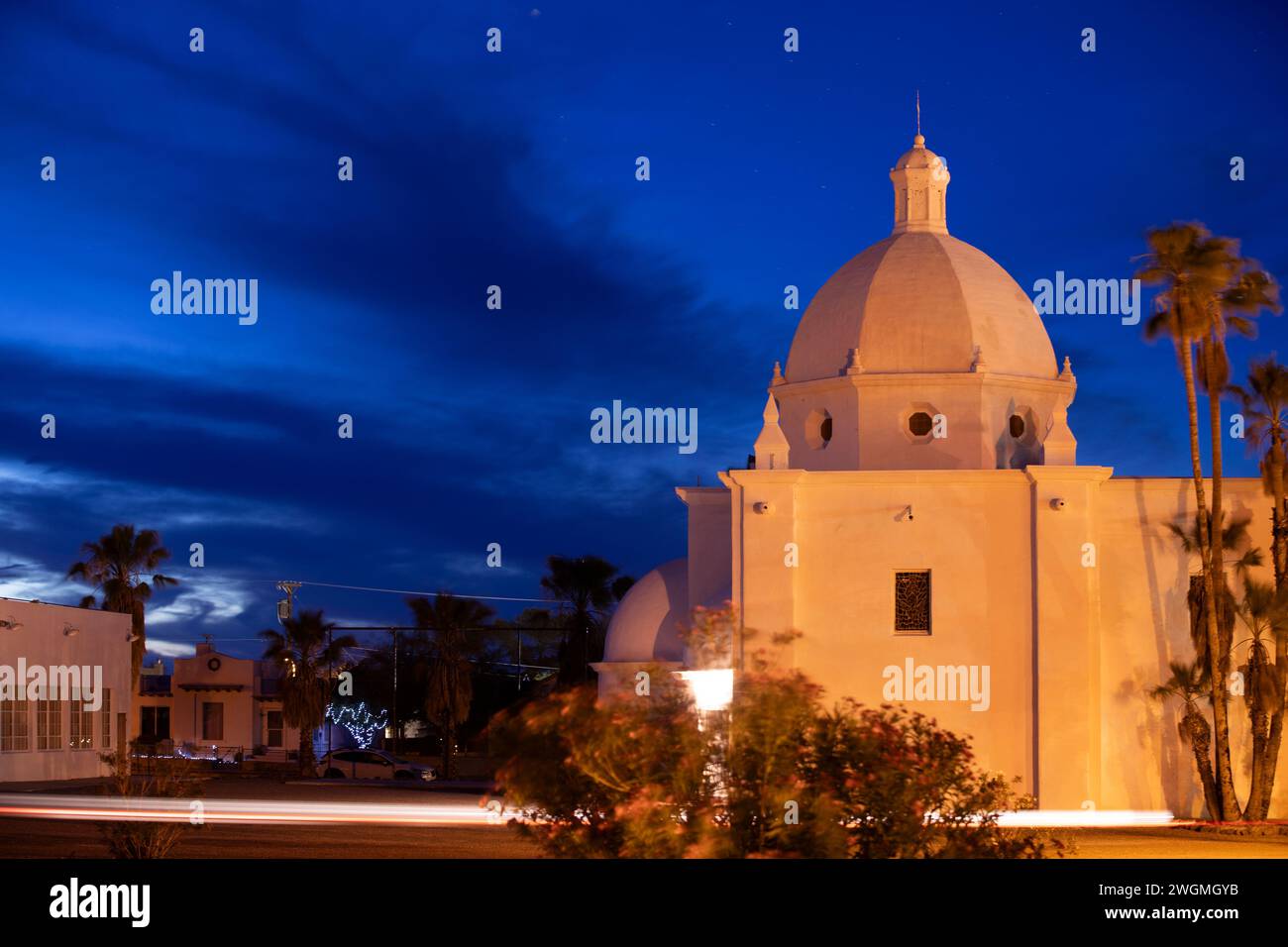Twilight view of historic structures in downtown Ajo, Arizona, USA ...