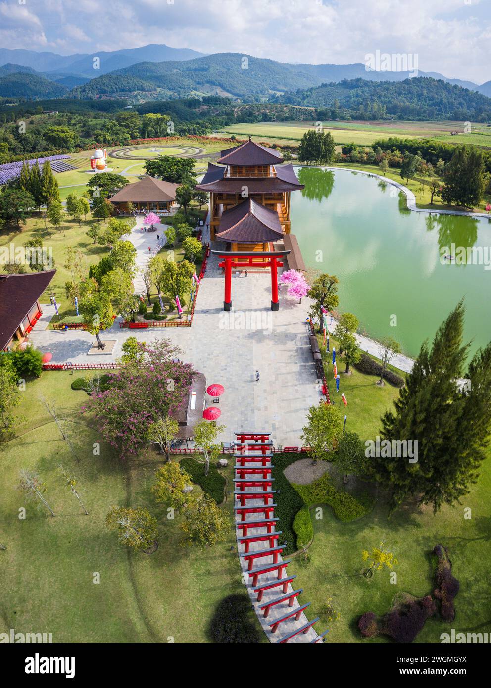 Aerial views of Japanese theme park Hinoki Land in Chai Prakan District, Chiang Mai, Thailand ...