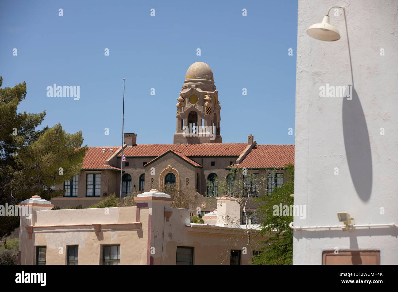 Daytime view of historic homes and historic tower spires of downtown ...