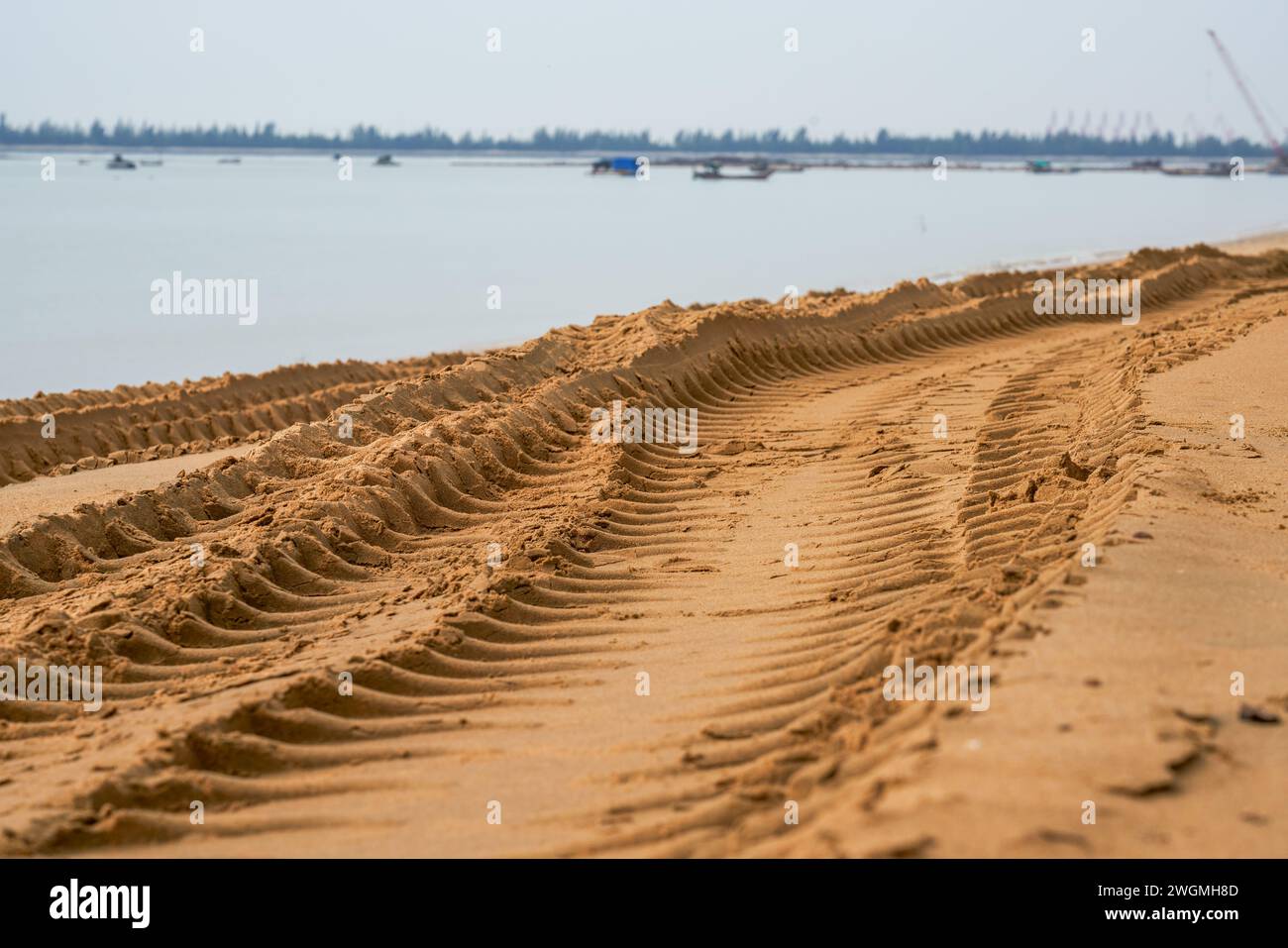 The wheel ruts of construction vehicles on the beach at the seaside ...