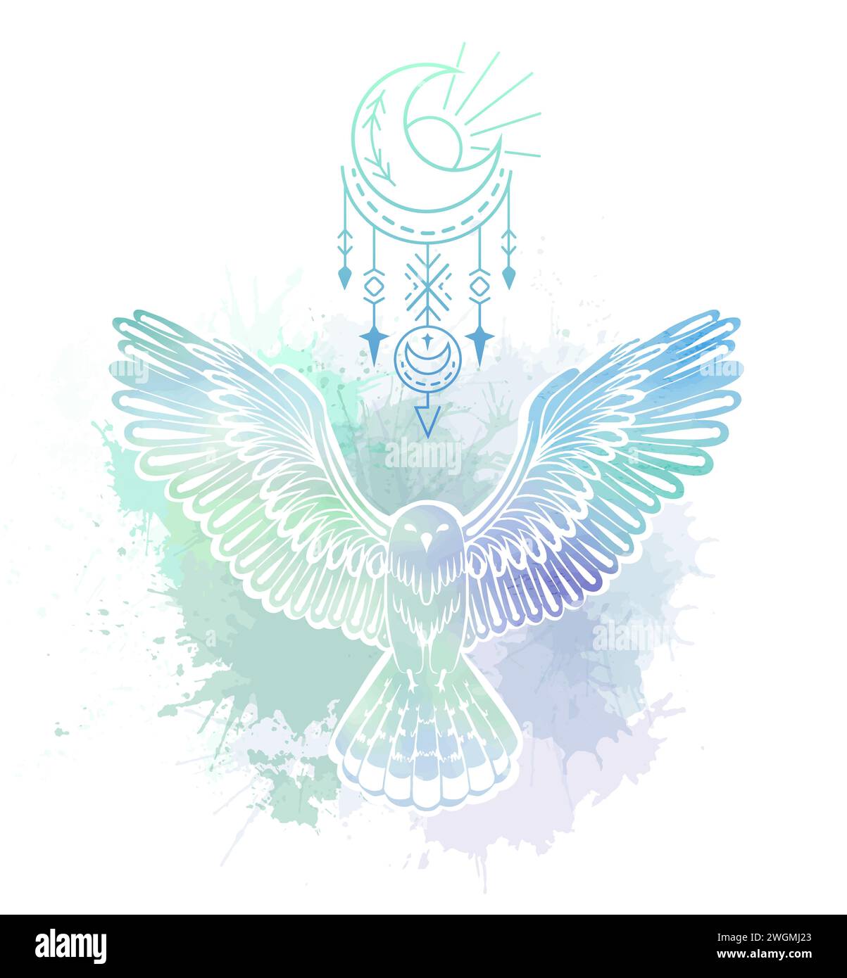 Vector mystical illustration of a bird with blue watercolor splatters ...