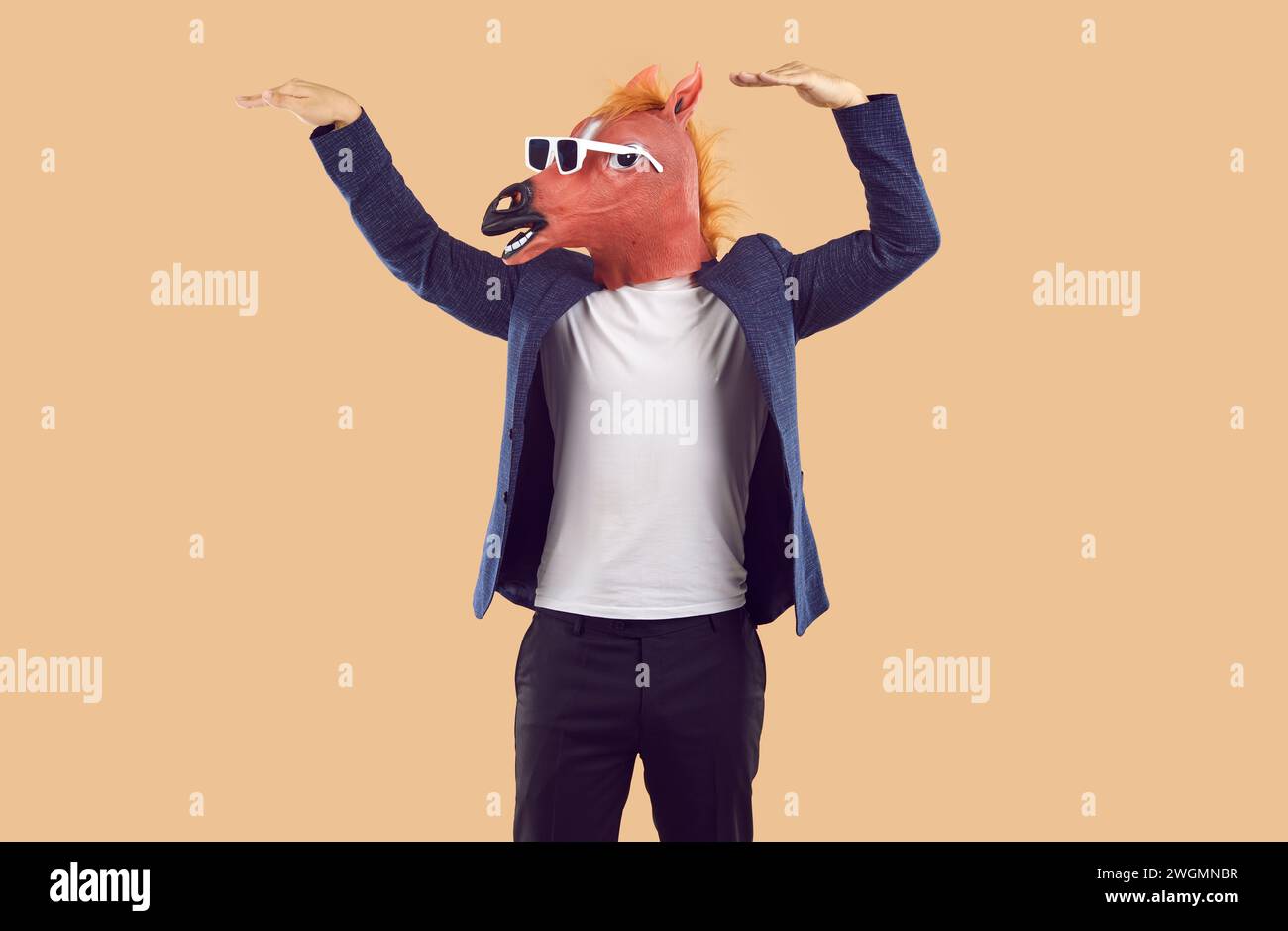 Man wearing a funny horse mask and sunglasses dancing isolated on a ...