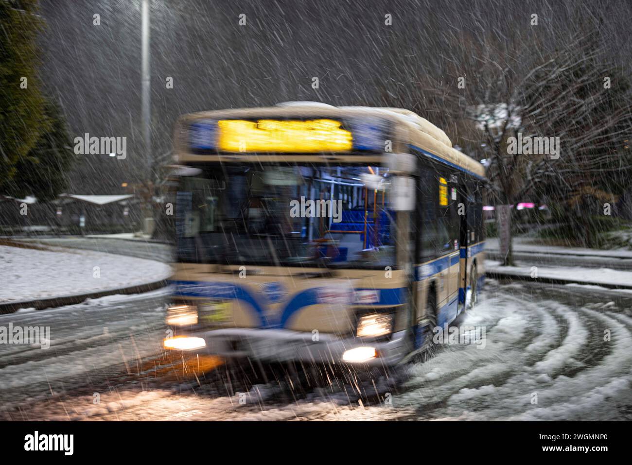 Yokohama, Japan. 05th Feb, 2024. Yokohama city bus moves during a rare ...