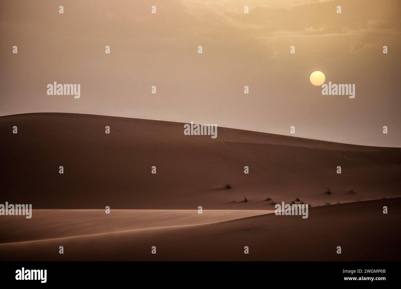 Sunset over the Sahara desert. The Sahara is a desert spanning across ...