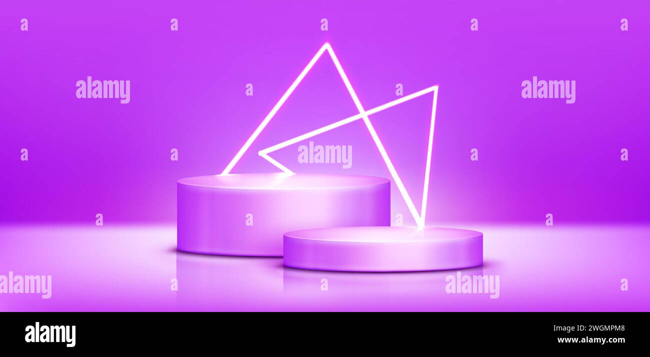 Round podiums with abstract neon triangles on purple background. Vector ...