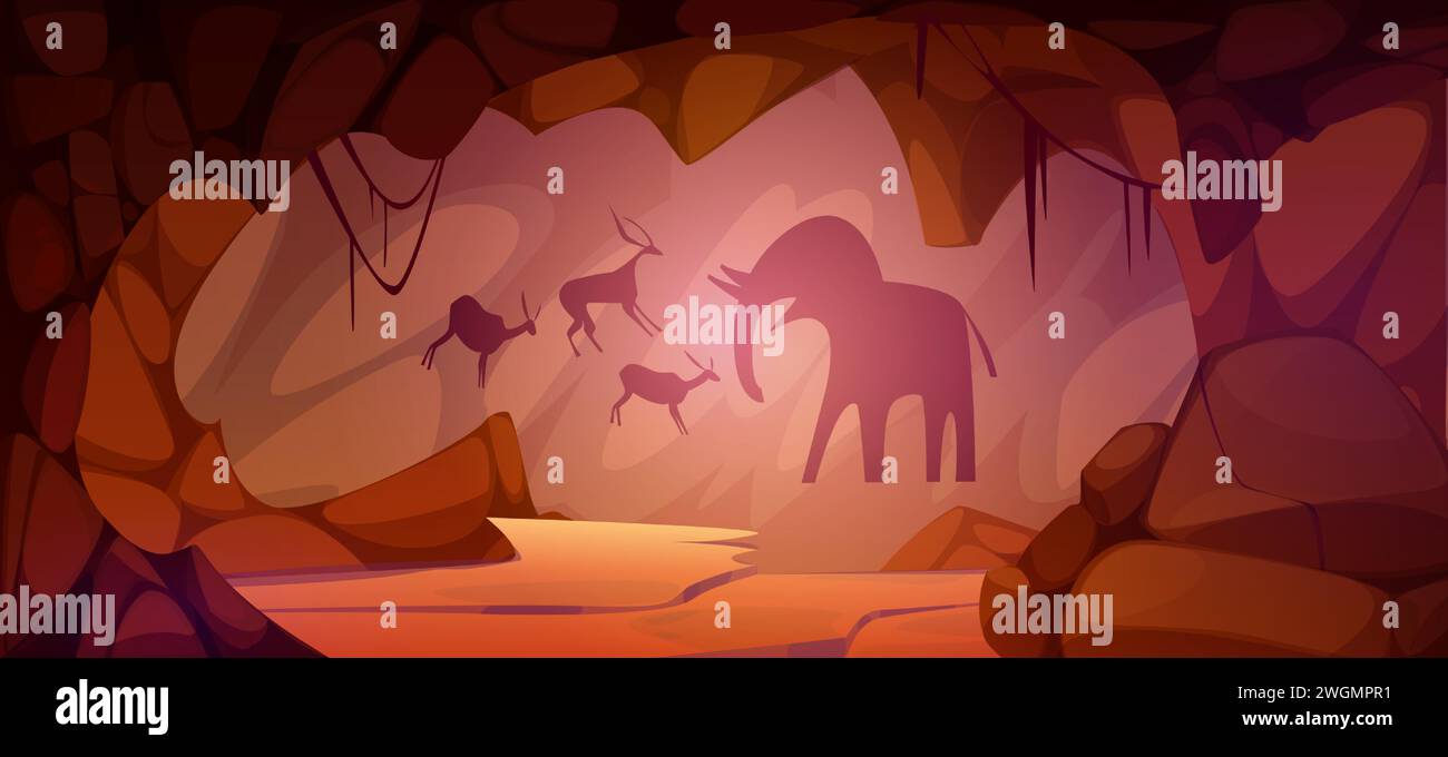 Prehistoric cave with animal drawings on wall. Vector cartoon ...