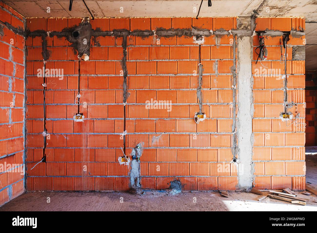 Construction site, kitchen room during building process with basic ...
