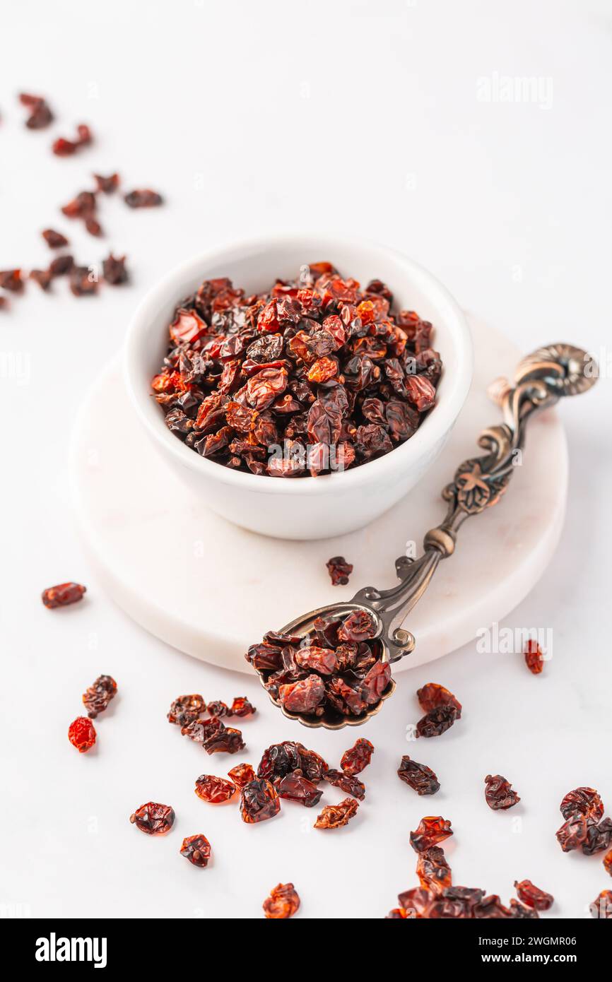 Pile of dried Berberis vulgaris, common barberry, European barberry or ...