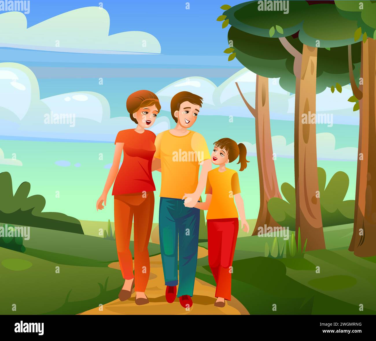 Family on walk. Parents and daughter child. Funny cartoon style ...