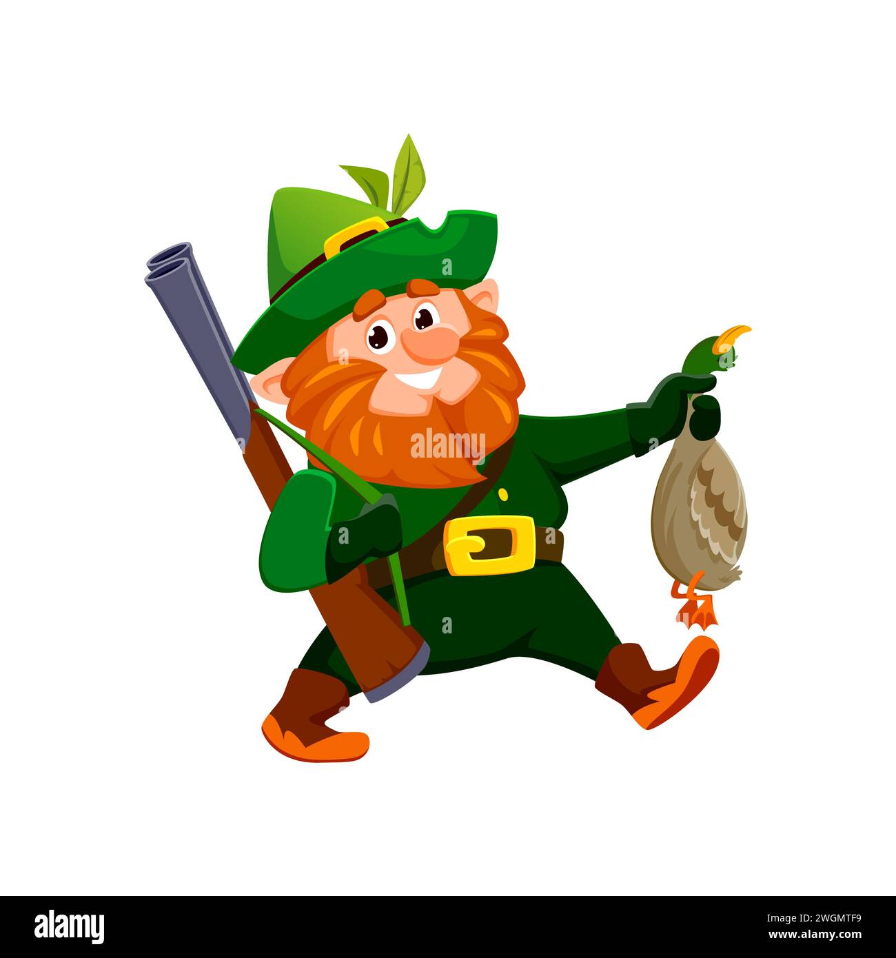 Cartoon gnome or dwarf hunter character holds a plump, orange-beaked ...