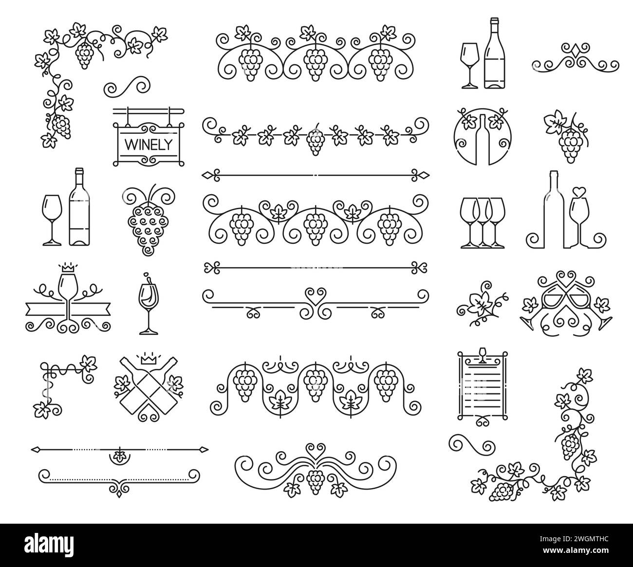 Wine vine outline decor and ornaments with grape branch and bottle ...