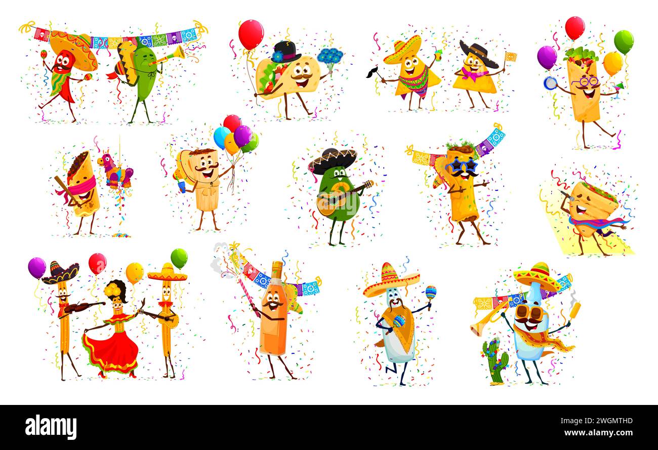 Mexican tex mex food characters on holiday party. Isolated vector set ...