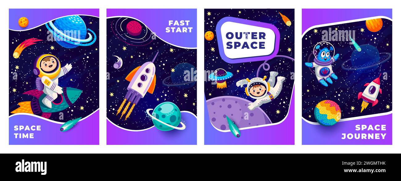 Space posters and flyers. Astronauts, alien and rocket spaceship ...