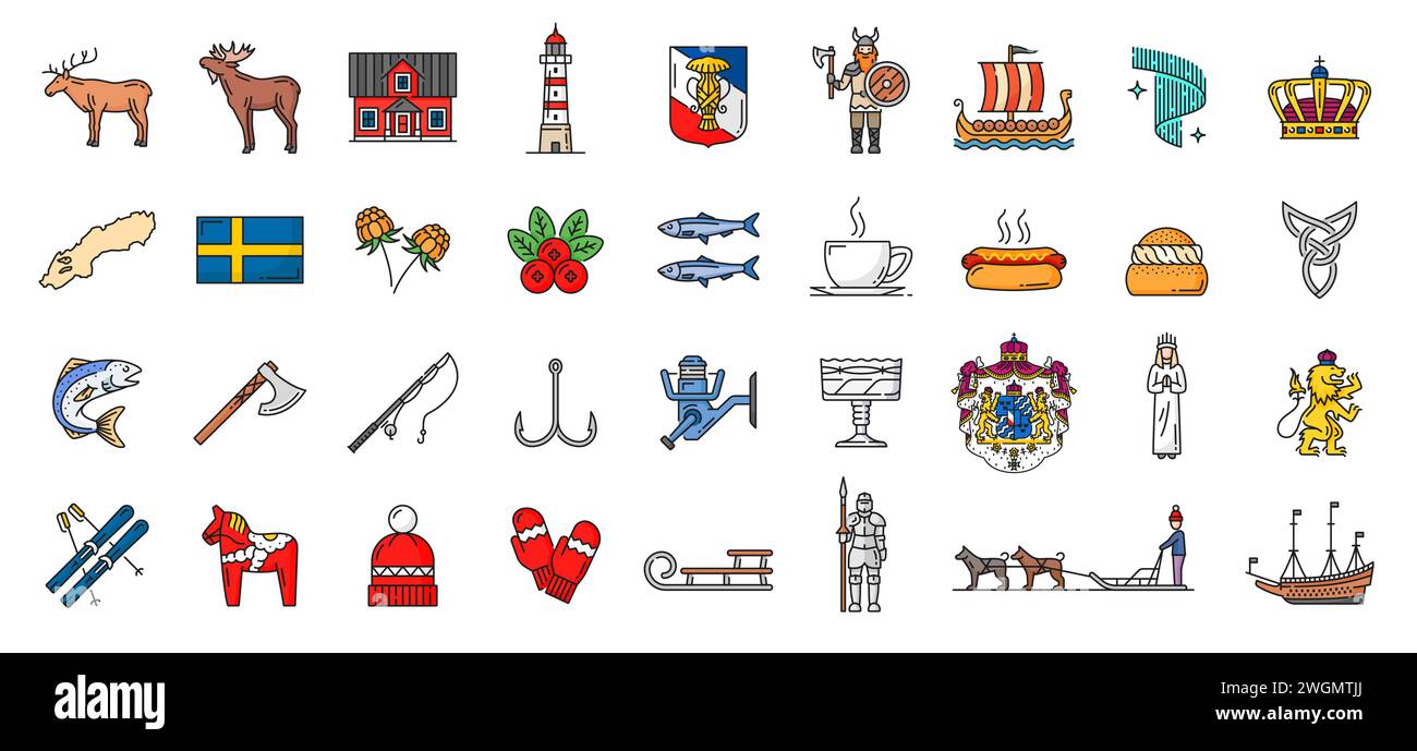 Sweden color line, outline icons, Swedish landmarks and travel vector ...