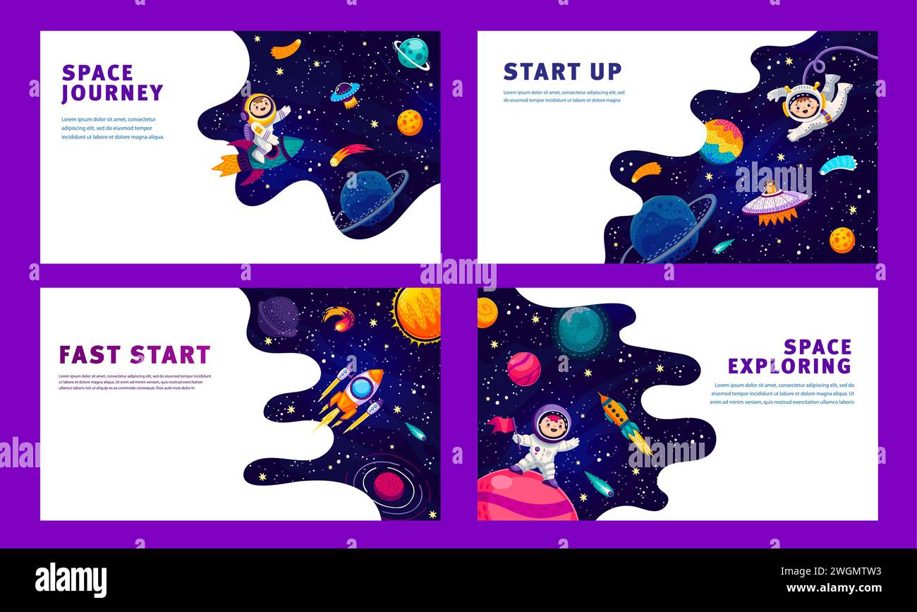 Cartoon space posters. Space travel, astronomy science or galaxy ...