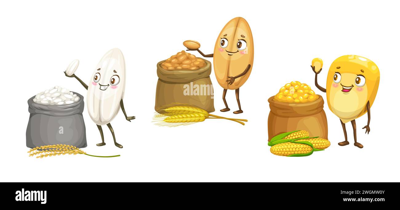 Rice, wheat and corn cartoon grain characters or funny cereal seed ...