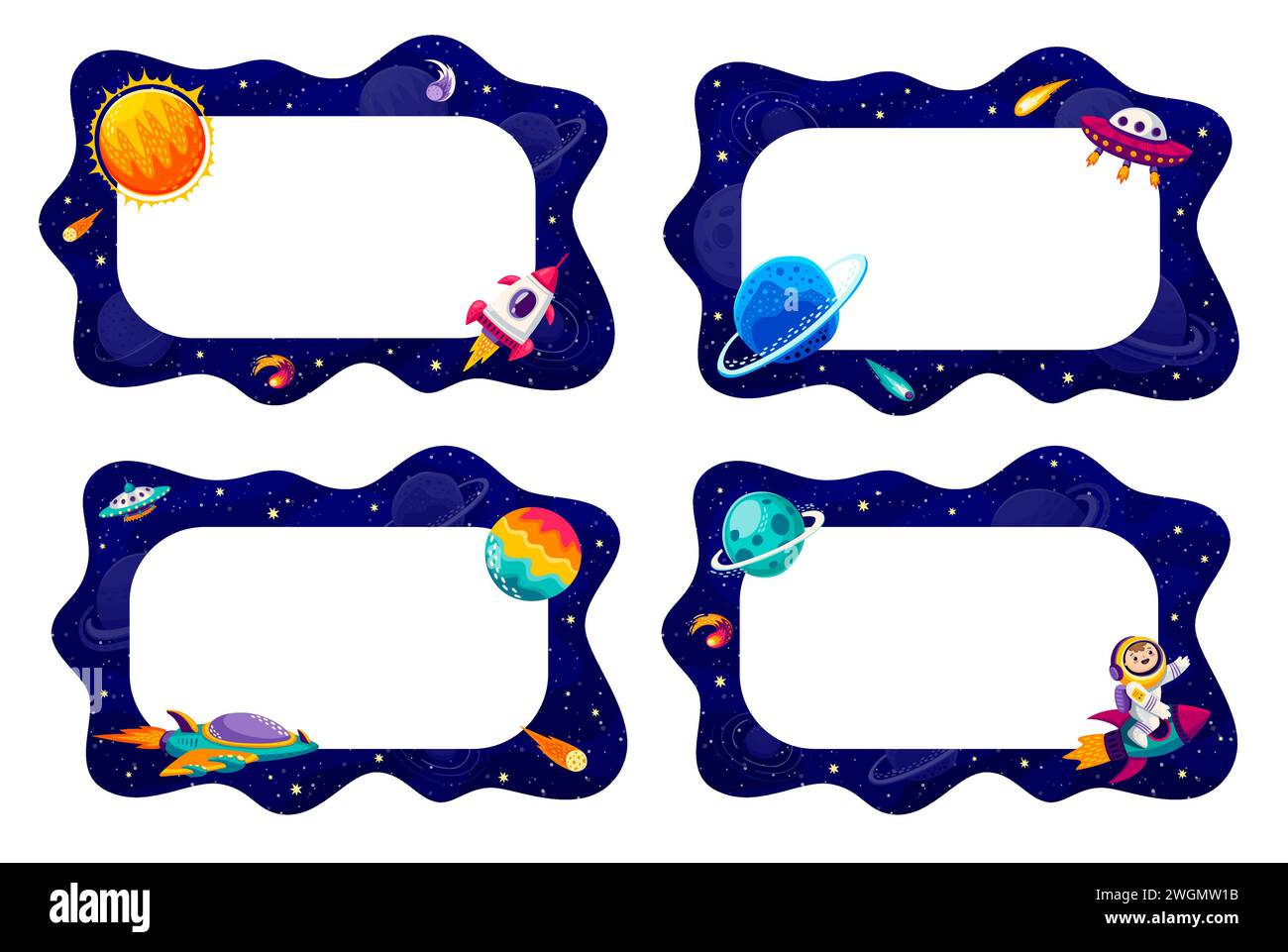 Border frames with galaxy space landscape, planets and stars, starships ...