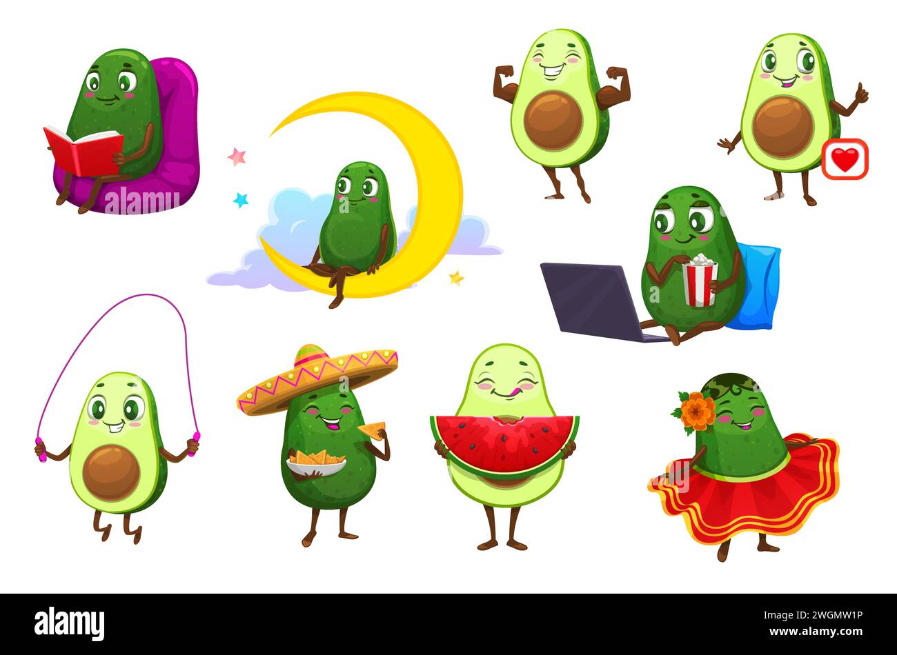 Cartoon mexican avocado fruits characters set. Vector cute green ...