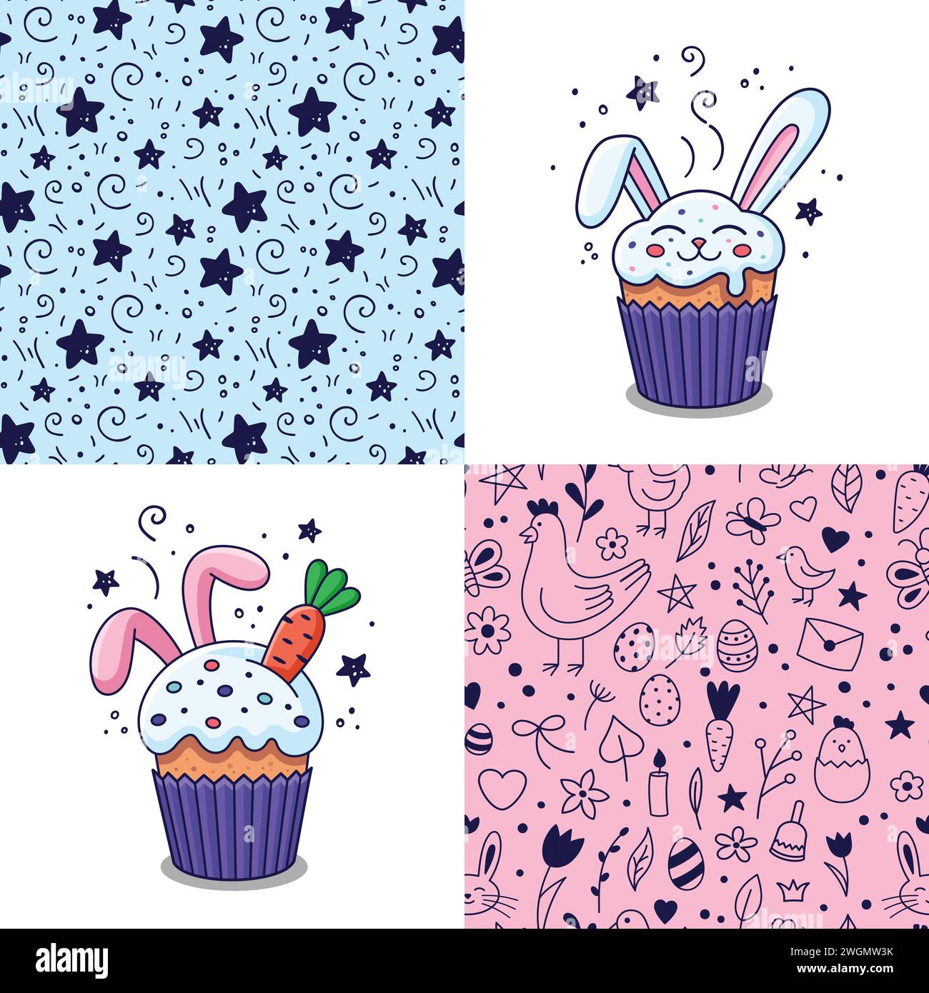 Set of Cute Hand drawn Easter patterns, illustrations with Easter cake, rabbits ears, carrot ...