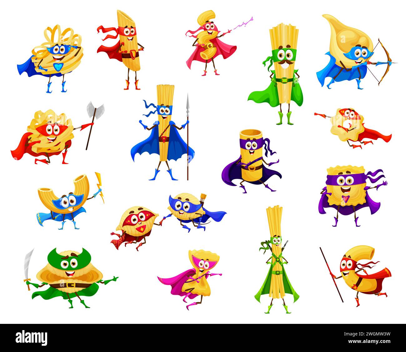 Cartoon Italian pasta food superhero characters. Penne, tagliatelle ...