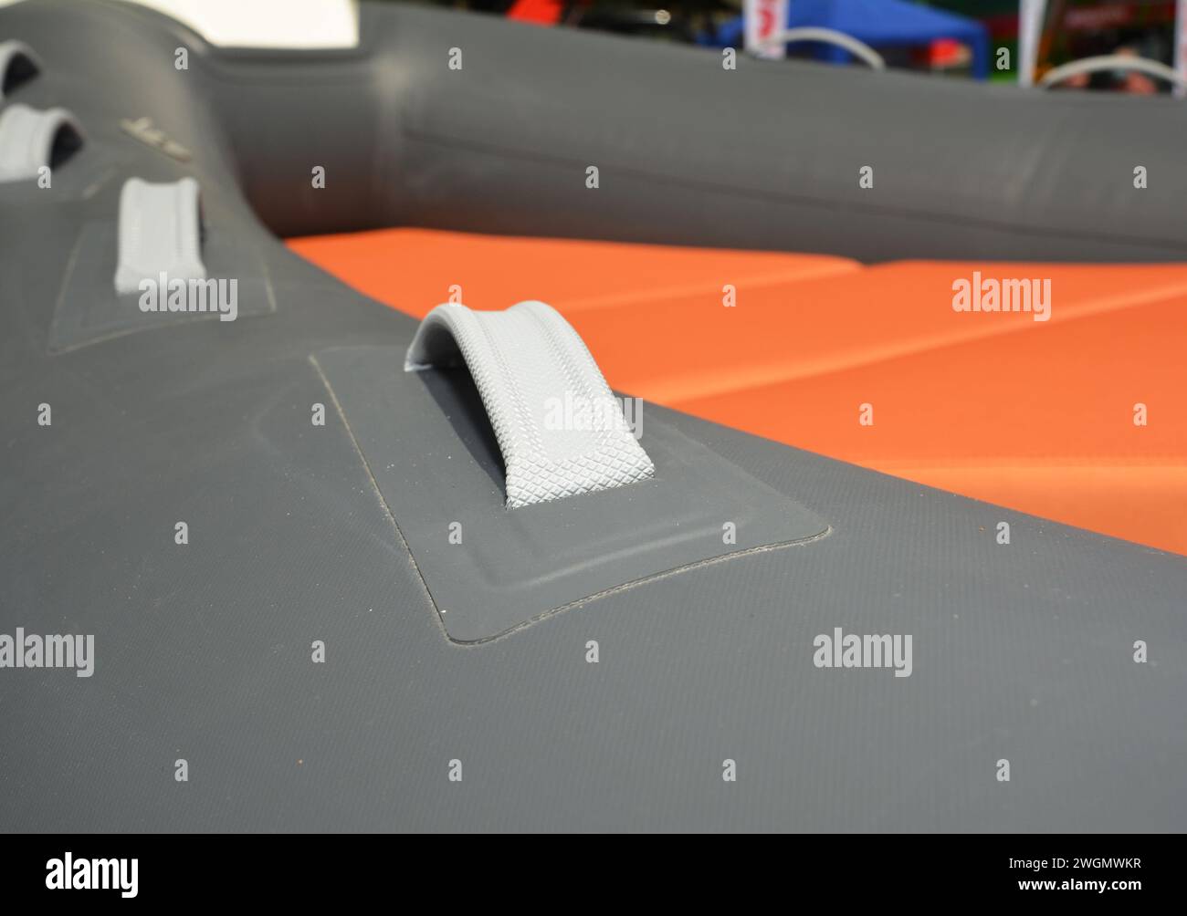 Close up on rigid inflatable boat handles. Inflatable boat grab handle ...
