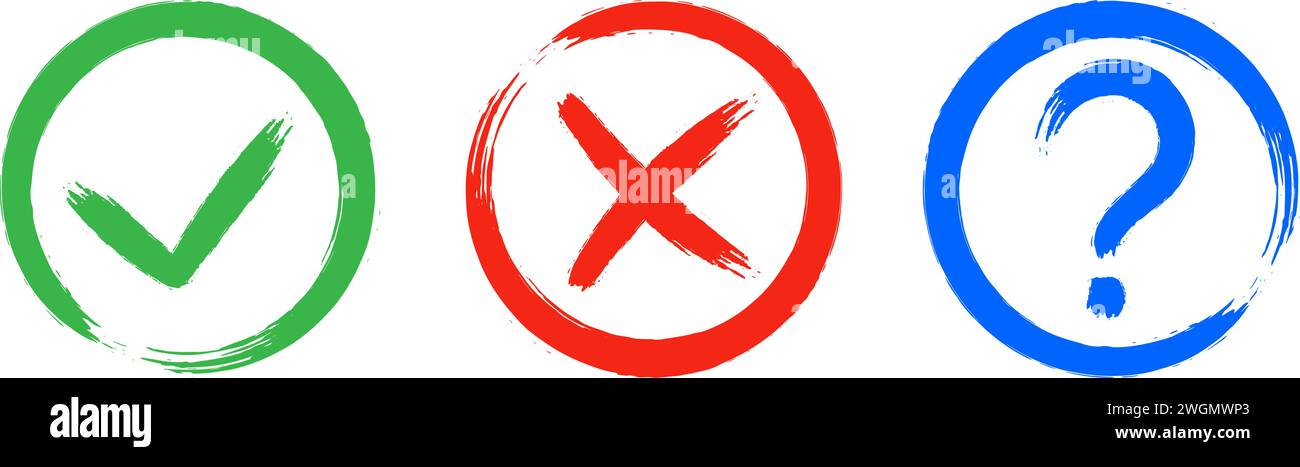 Dirty grunge cross x, tick OK and question check marks in check boxes ...