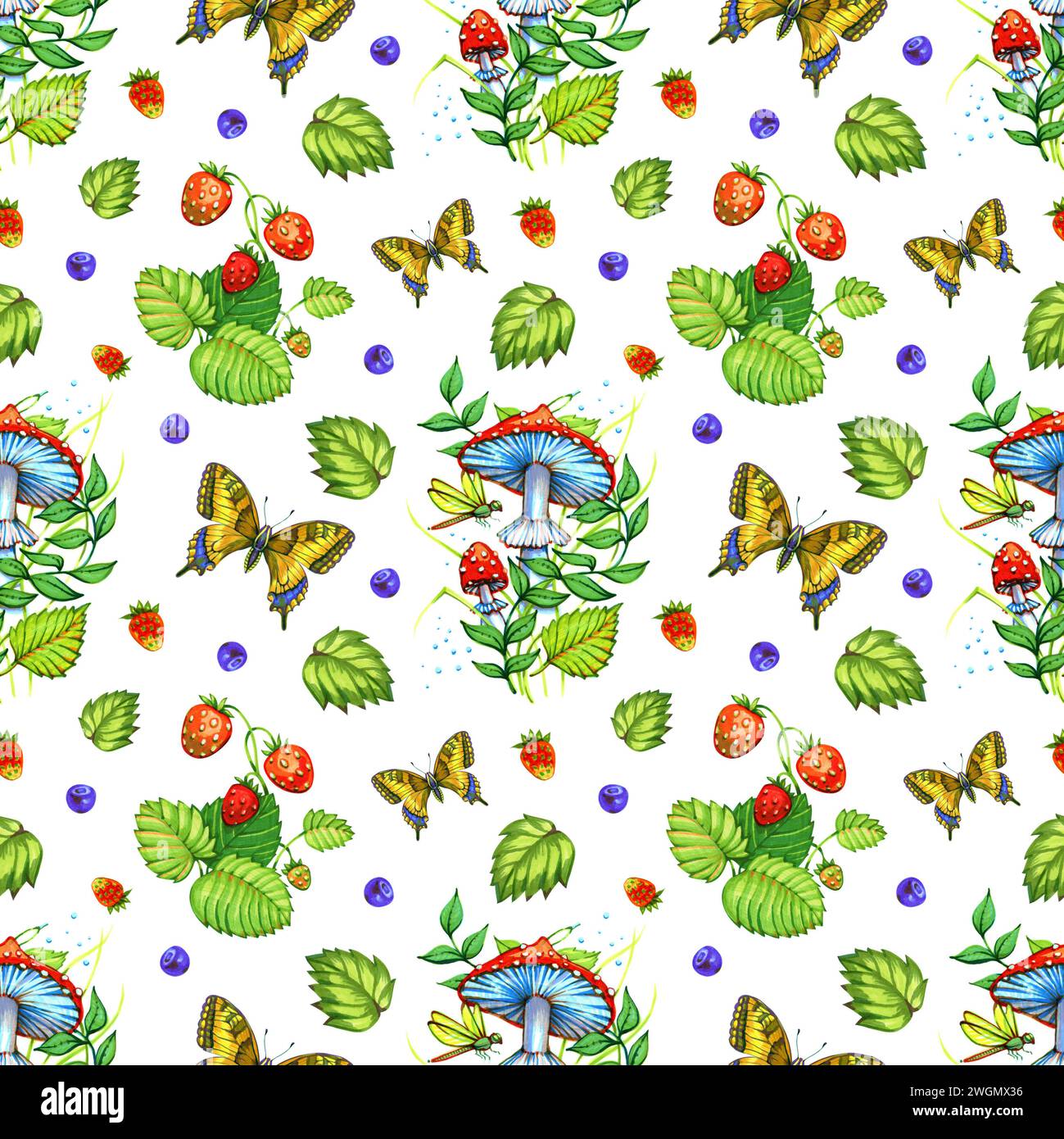 Cozy seamless background with hand-drawn forest plants, mushrooms ...