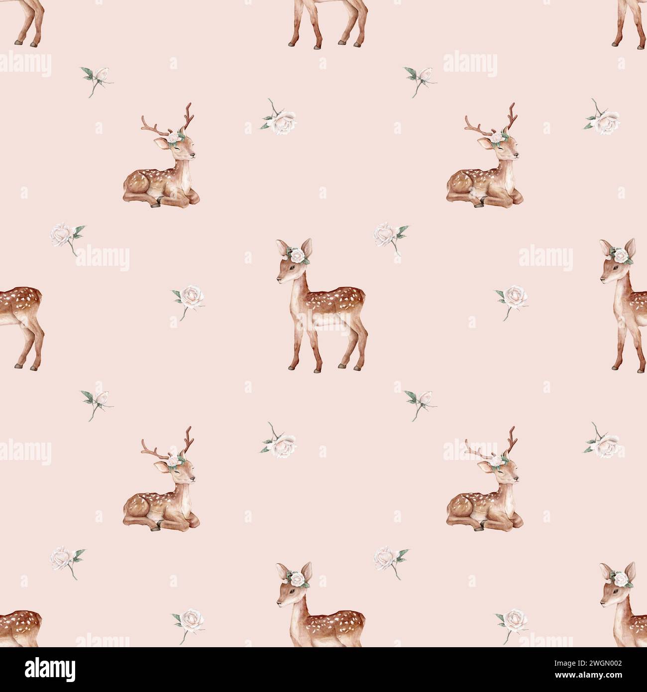 Seamless pattern watercolor deer and white roses. Spotted deer isolated ...