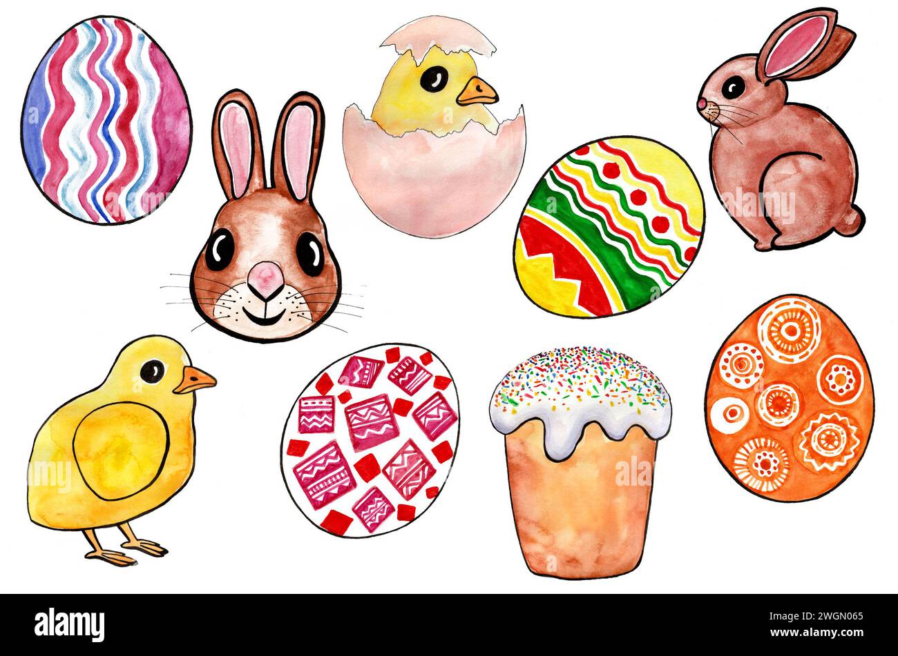 Collection of different Easter symbols. Easter eggs are filled with ...