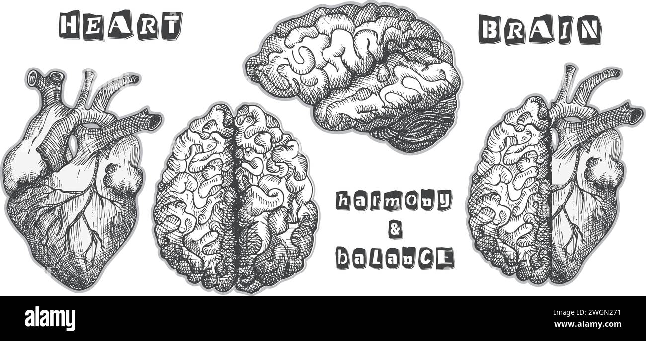 Set heart and brain Vintage design collage poster. Mental health and ...