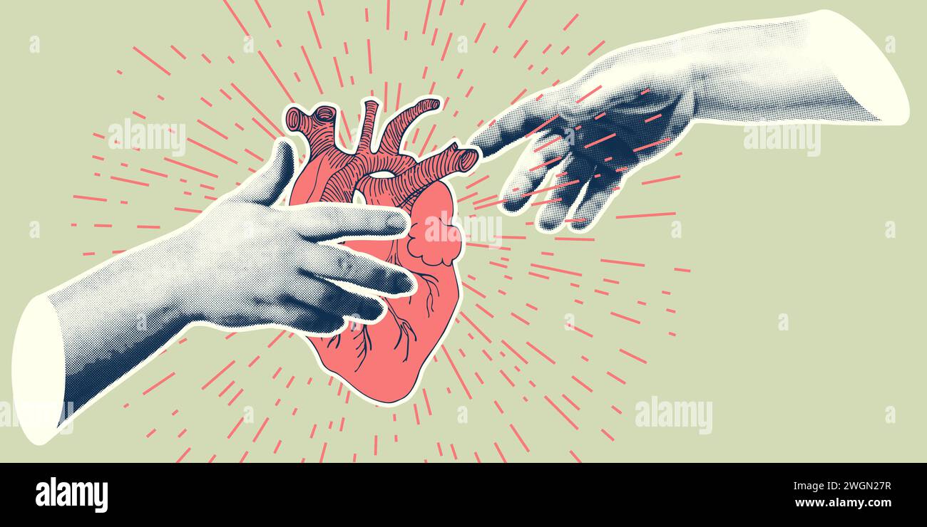 Concept heart VS brain. Vintage design collage poster. Mental health ...