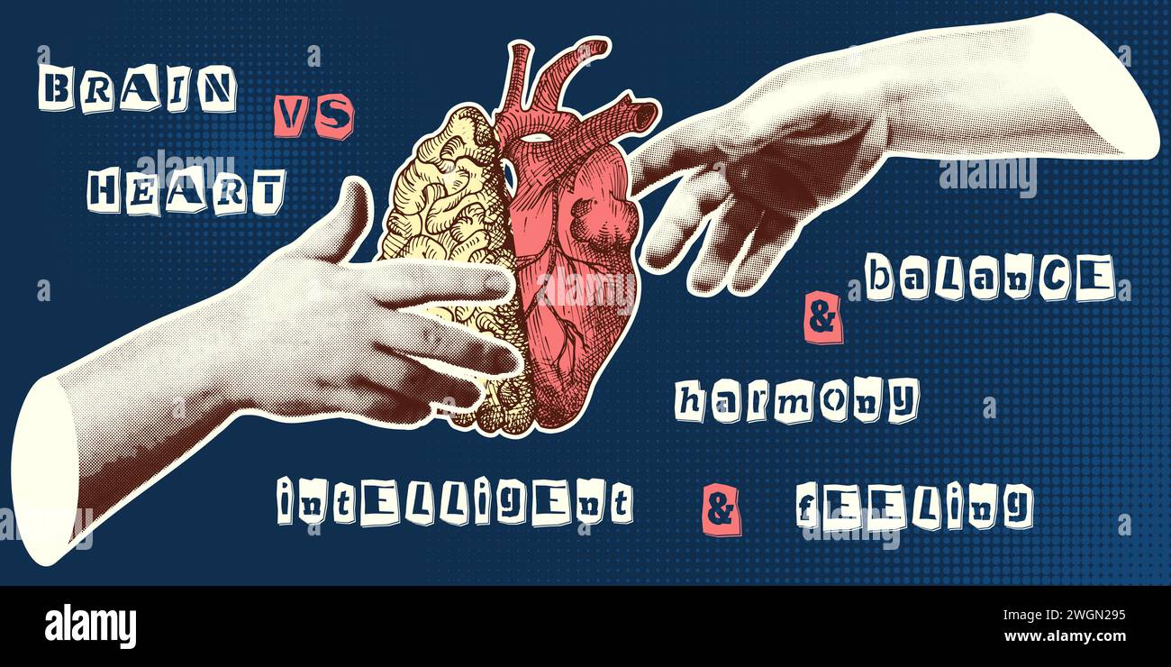 Concept heart VS brain. Vintage design collage poster. Mental health ...