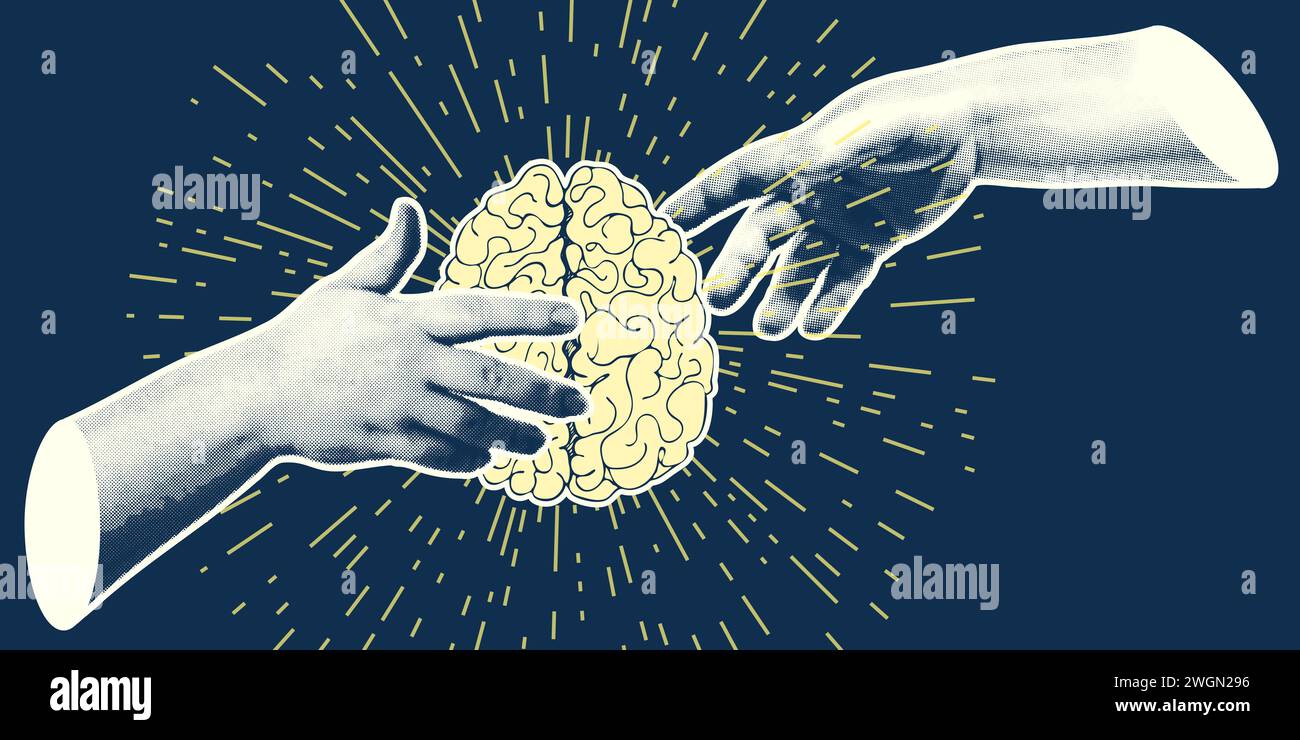 Concept heart VS brain. Vintage design collage poster. Mental health ...