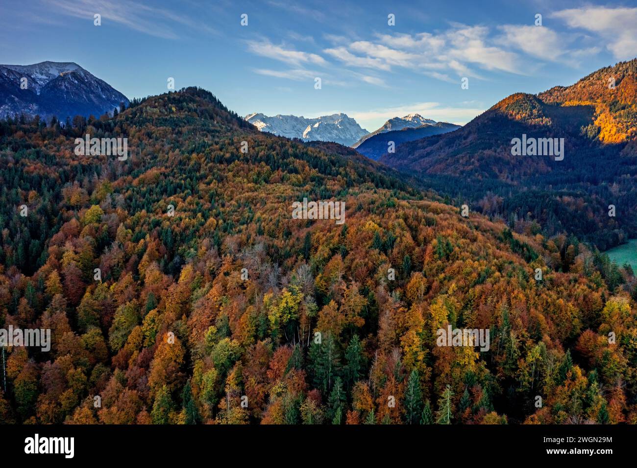 Aerial view of mountain landscape, fall, forest, sunny, Murnau ...