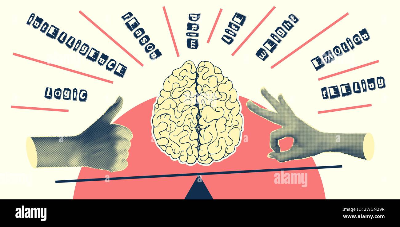 Concept heart VS brain. Vintage design collage poster. Mental health ...